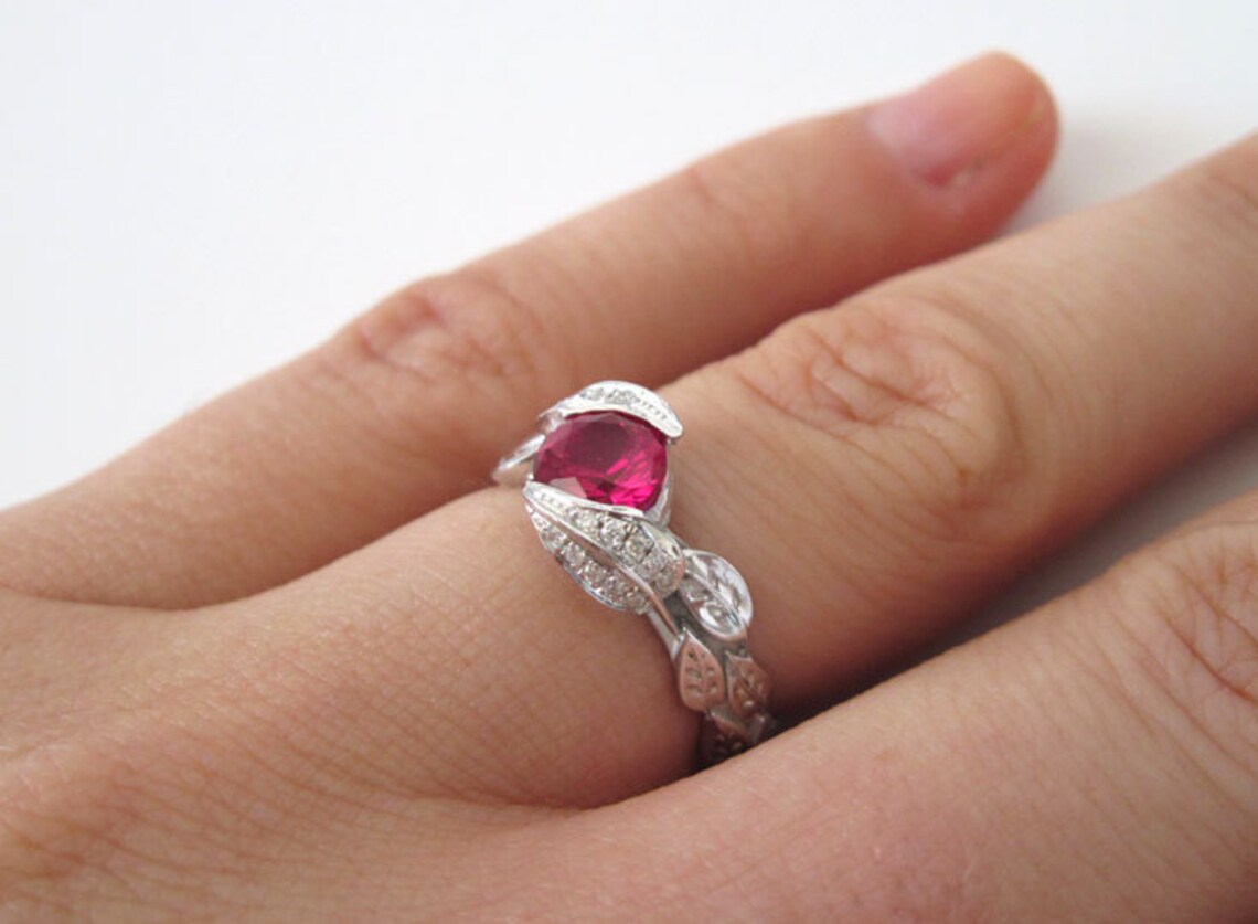 Ruby Leaf Ring Ruby Leaf Engagement Ring Diamond Ruby Leaf - Etsy