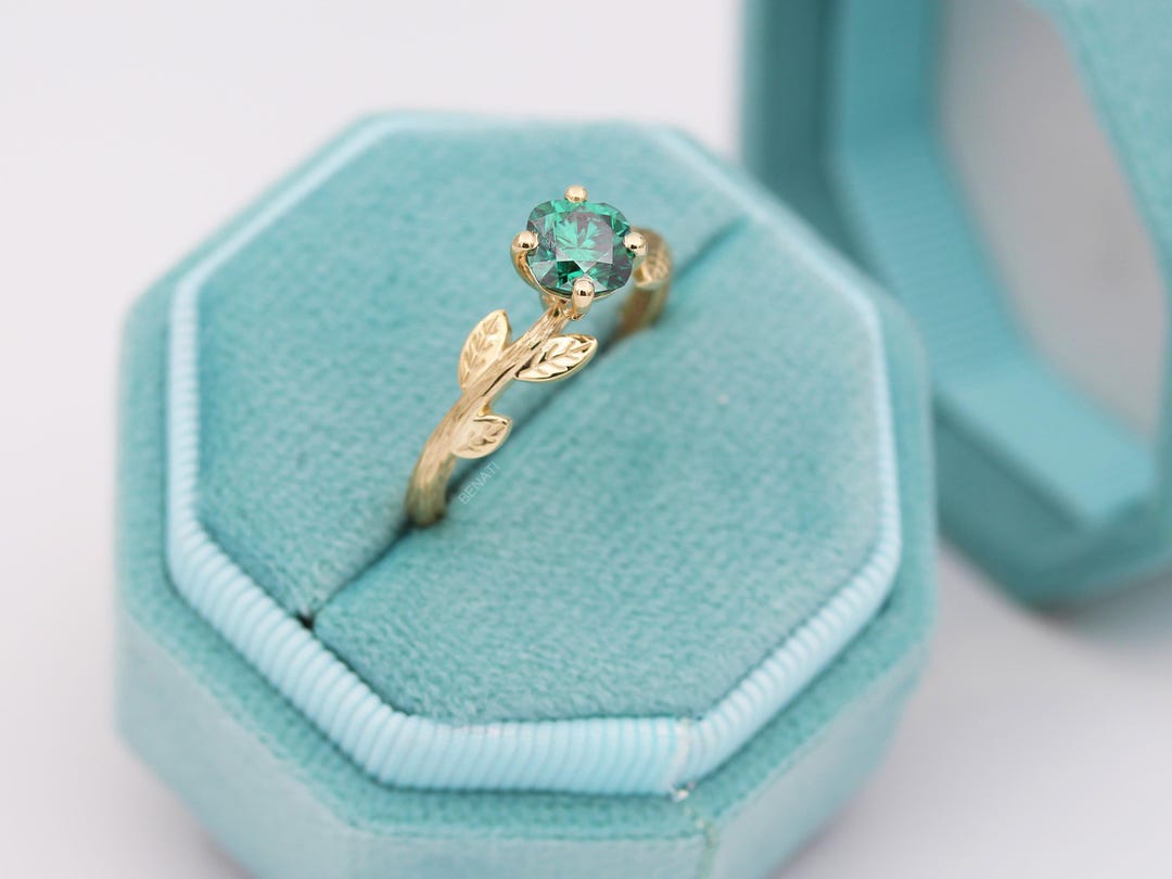 Gold Leaf Ring With Cushion Green Moissanite, Nature Inspired ...