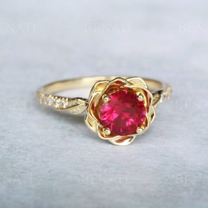 Flower Engagement Ring, Ruby Rose Ring 1 Carat Solitaire Floral ...