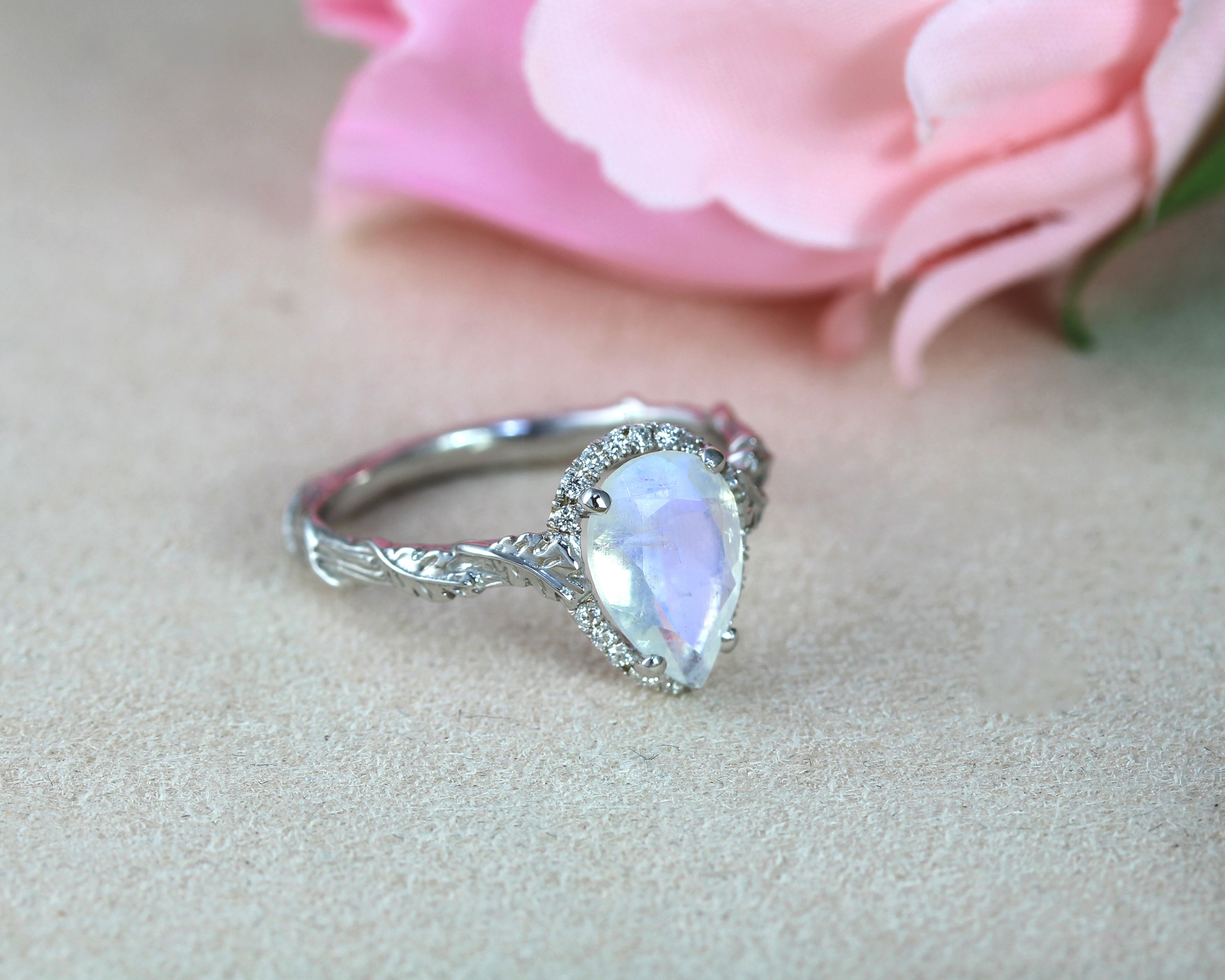 Pear Moonstone Engagement Ring Rainbow Moonstone Vintage Rose | Etsy