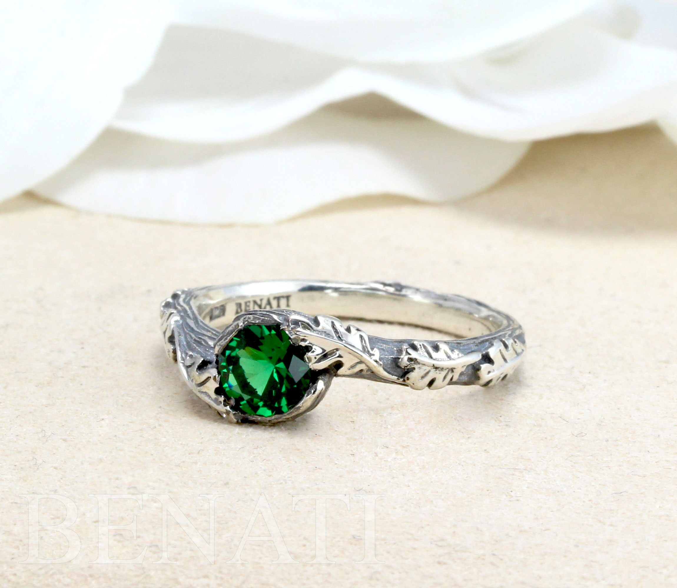 Emerald Leaf Engagement Ring set Silver Emerald Leaf Rings | Etsy