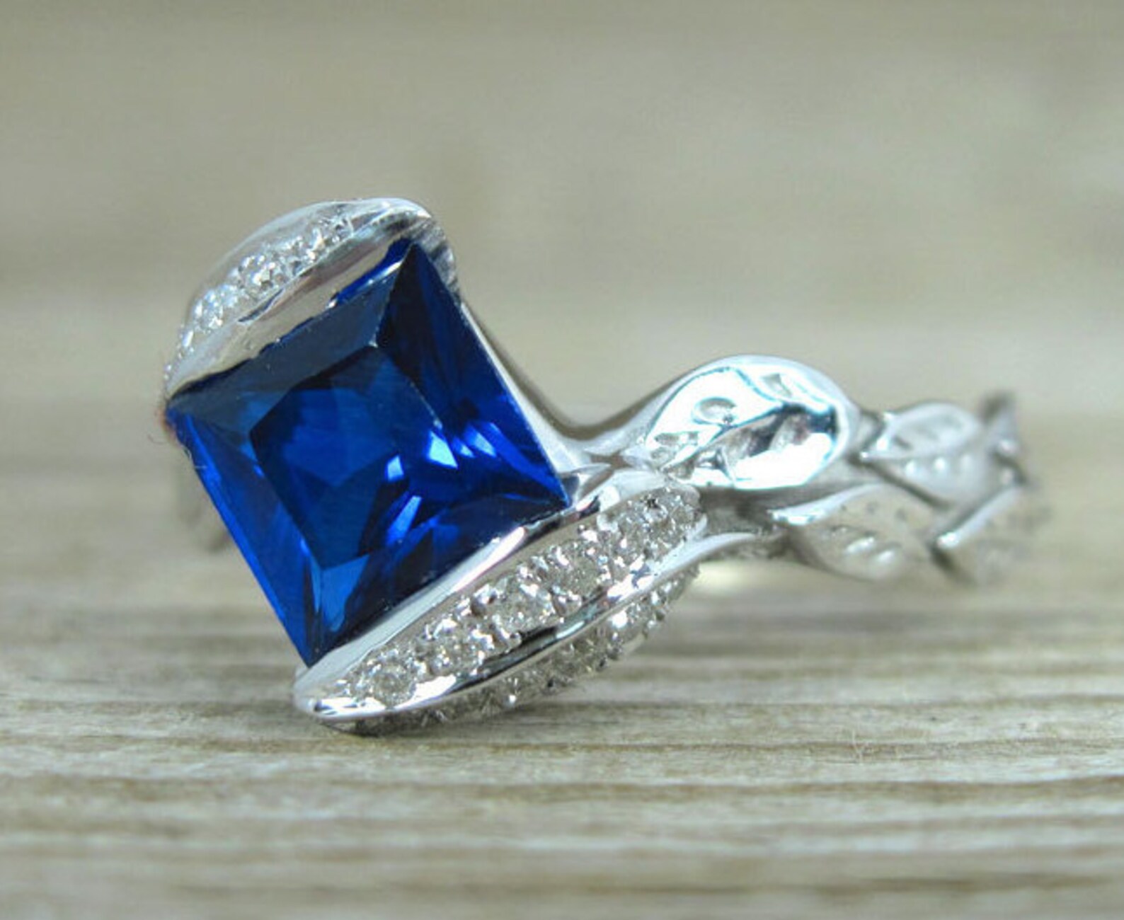 Sapphire Leaf Engagement Ring Princess Sapphire Ring Nature - Etsy