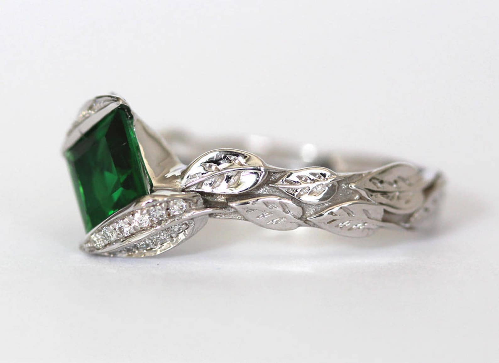 Emerald 18k Leaves Engagement Ring Princess Cut Emerald Leaf - Etsy