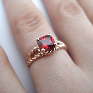 18k Ruby Engagement Ring, Cushion Ruby Braided Rope Engagement Ring ...