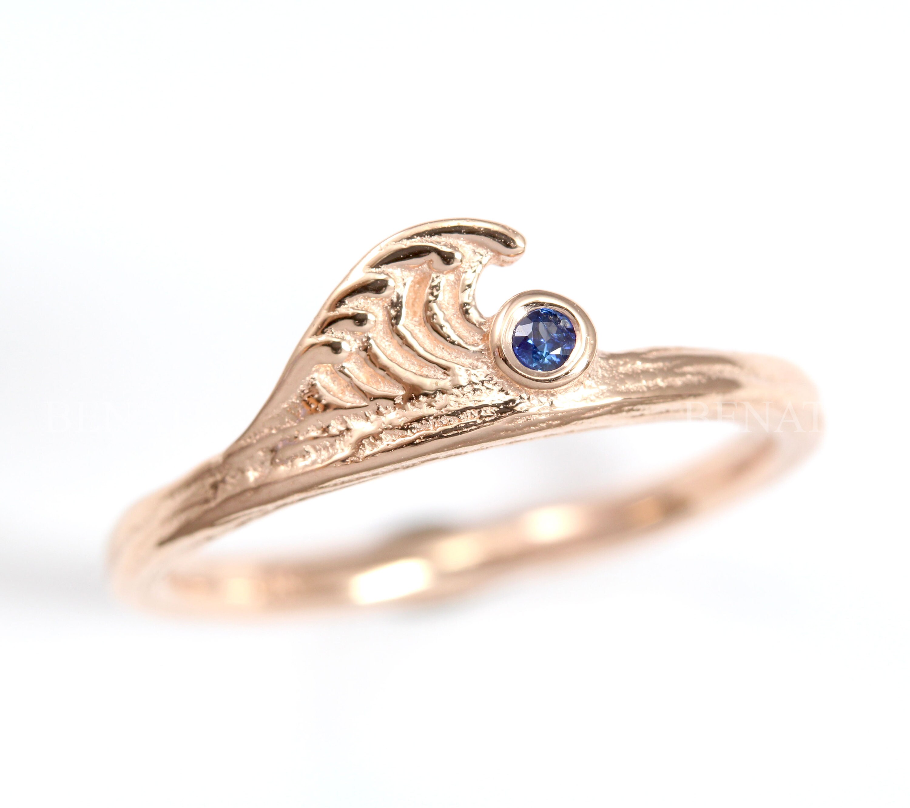 14k Gold Wave Ring With Sapphire: Ocean Beach Jewelry - Etsy