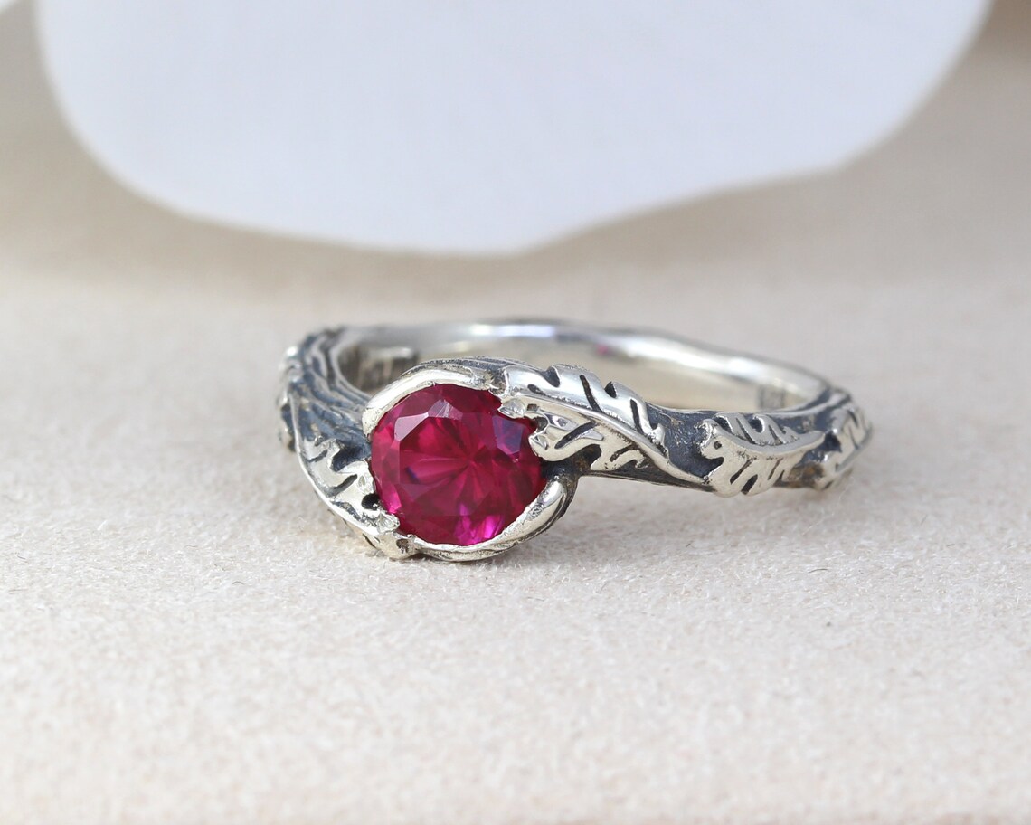 Silver Ruby Leaf Ring Promise Nature Inspired Gemstone Ring | Etsy