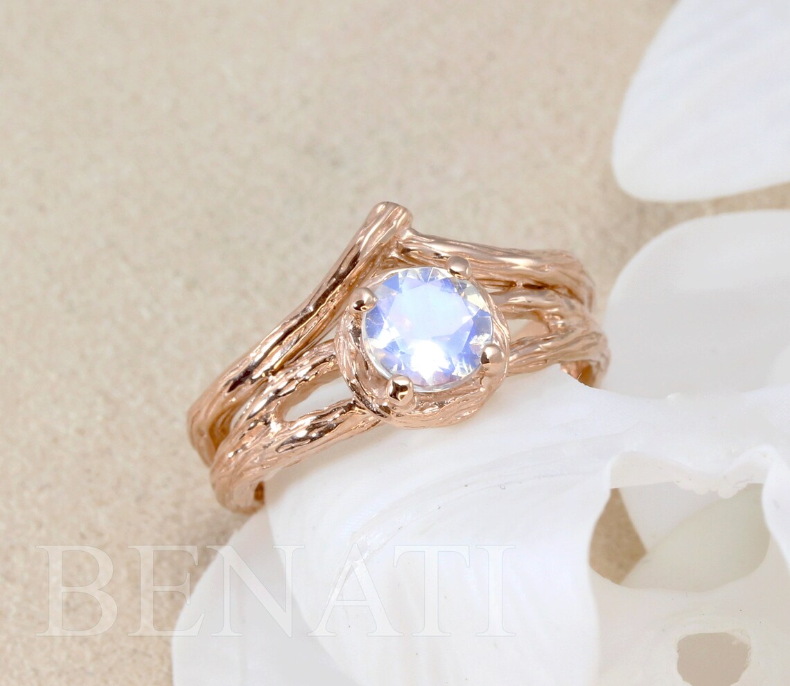 Wedding Set With Moonstone Wood Engagement Ring Bridel Set - Etsy