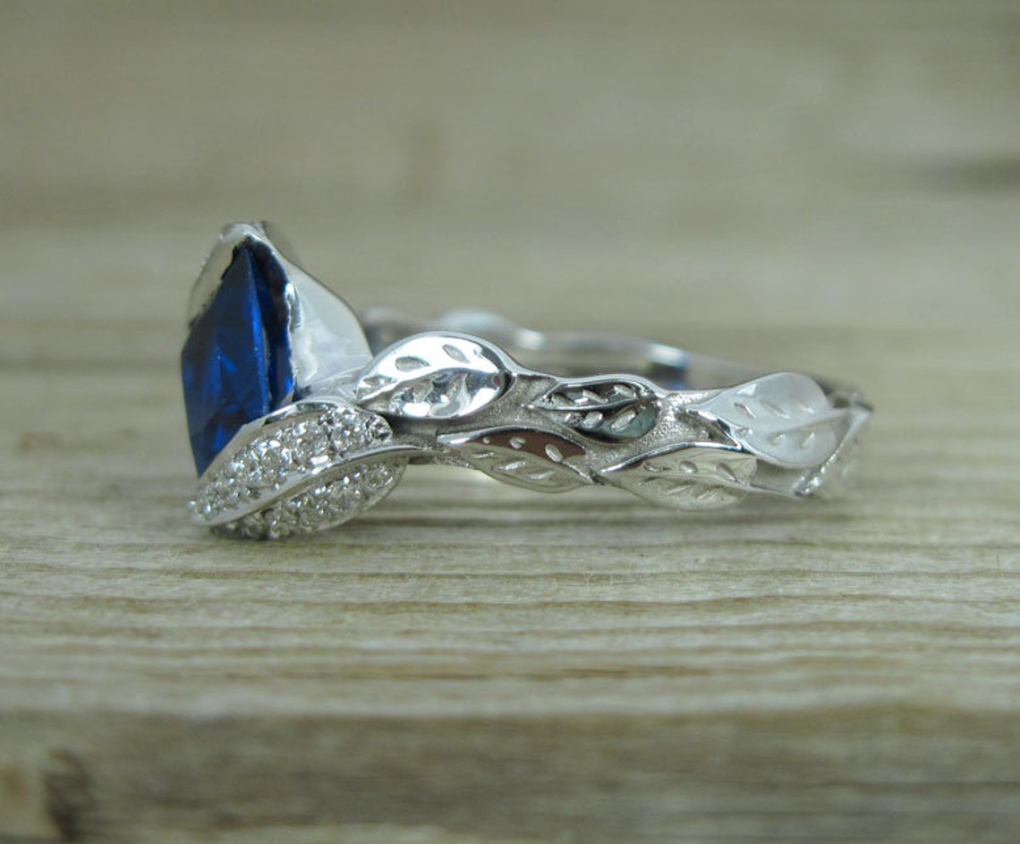 Sapphire Leaf Engagement Ring Princess Sapphire Ring Nature - Etsy