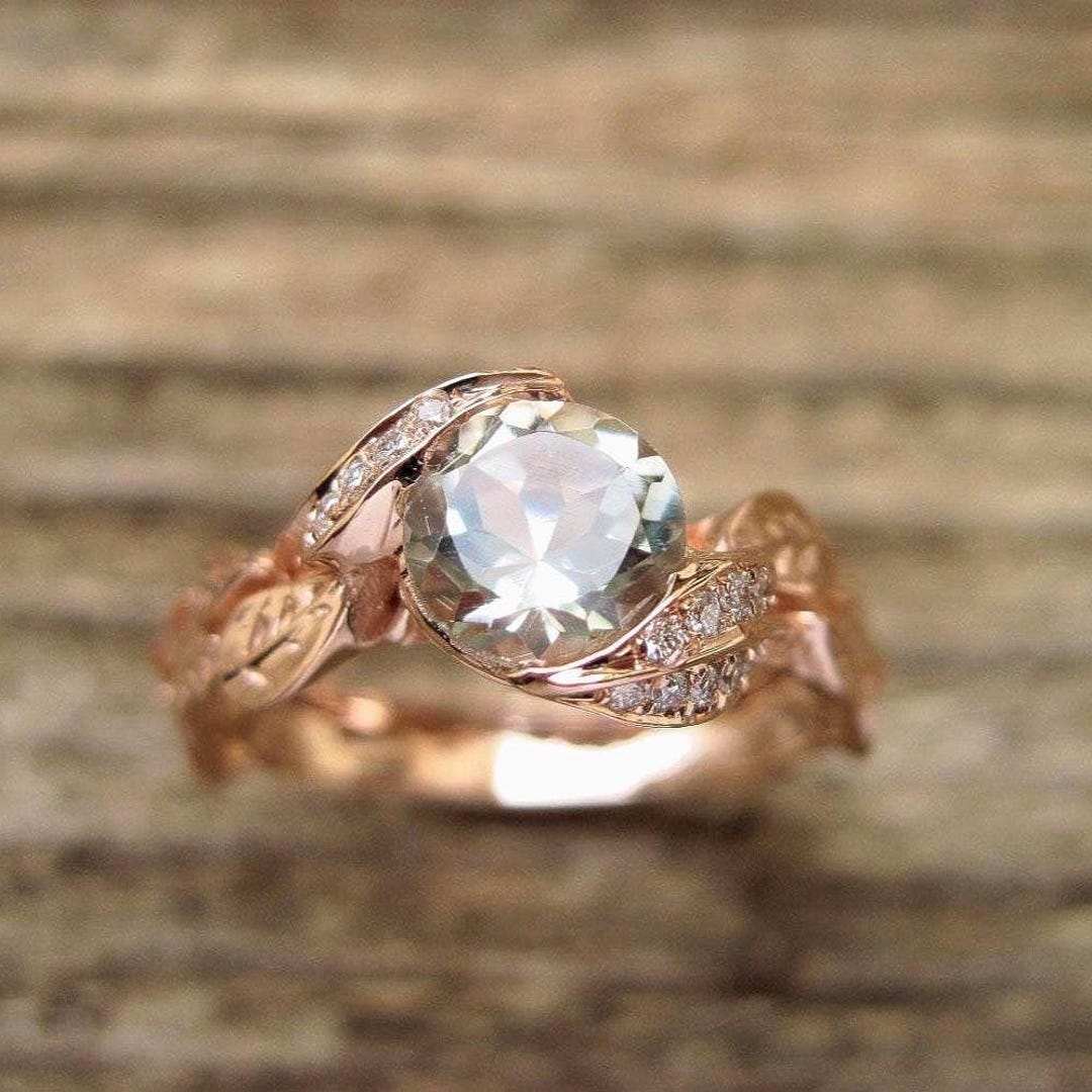 Rose Gold Leaf Engagement Ring, Green Amethyst Vine Ring, Rose Gold ...