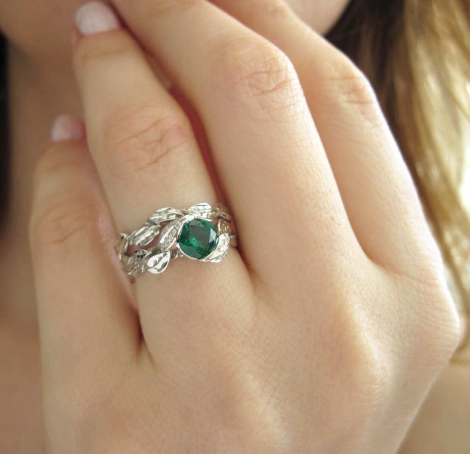 Leaf Wedding Set Leaf Engagement Ring Set Emerald Leaves - Etsy