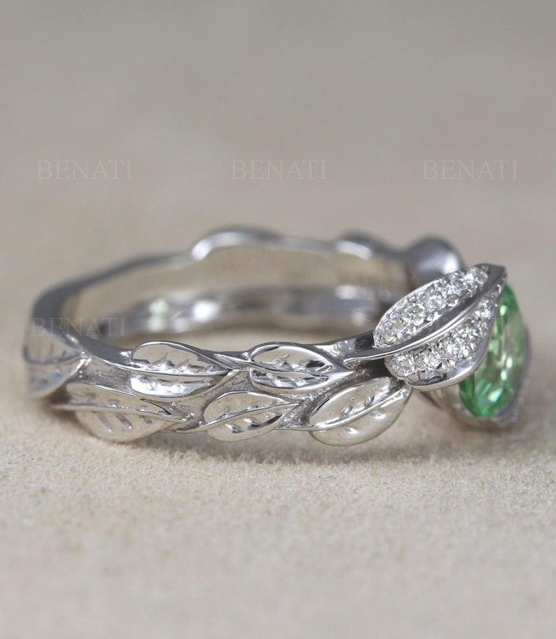 Green Sapphire Leaf Ring: Diamond White Gold Floral Engagement Ring - Etsy
