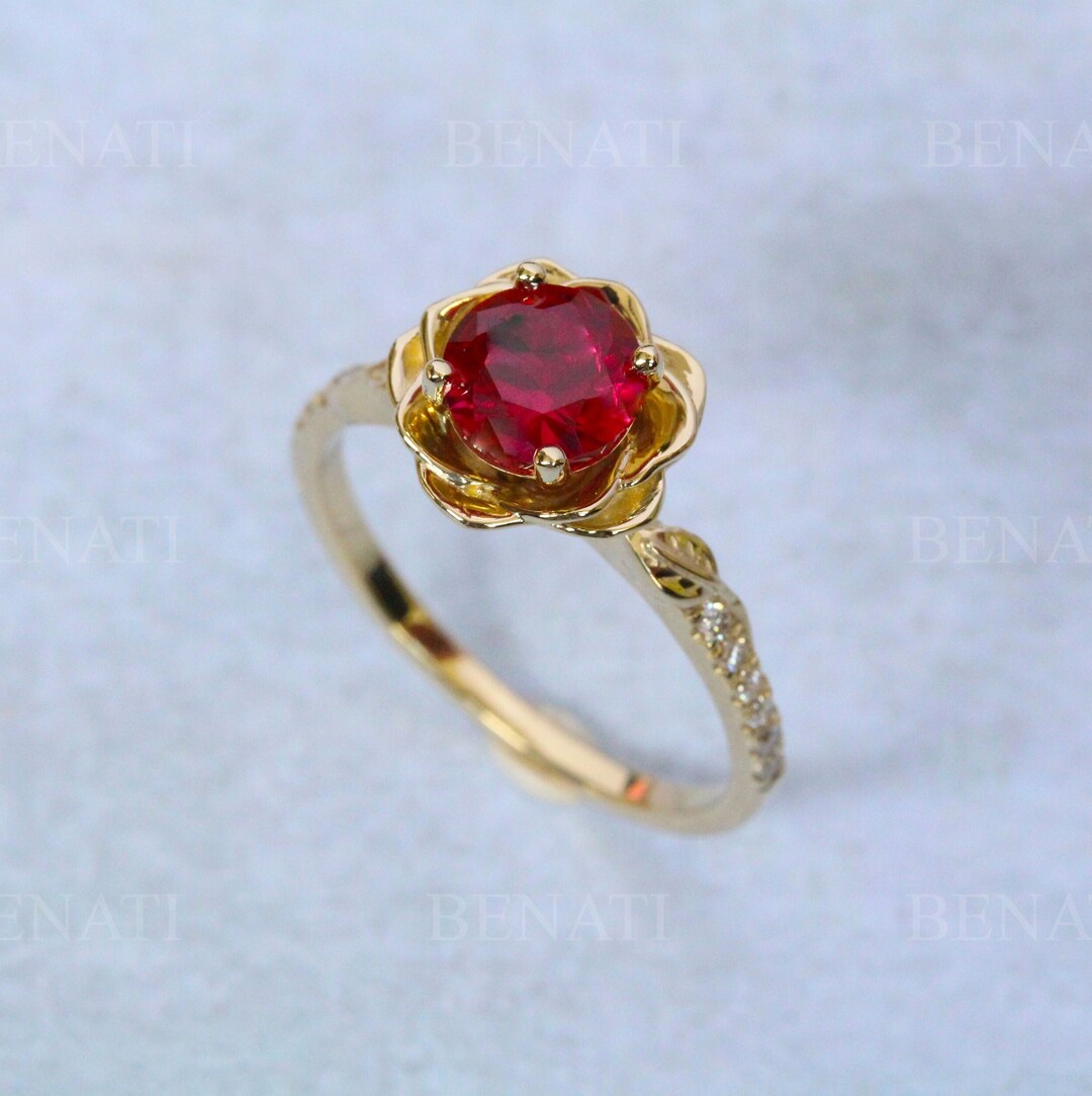 Flower Engagement Ring, Ruby Rose Ring 1 Carat Solitaire Floral ...