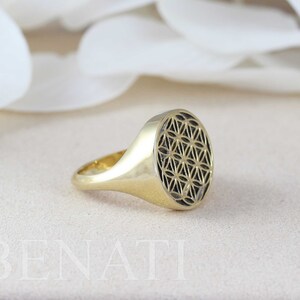14K Solid Gold Flower Seed of Life Statement Ring | Gold and Black ...