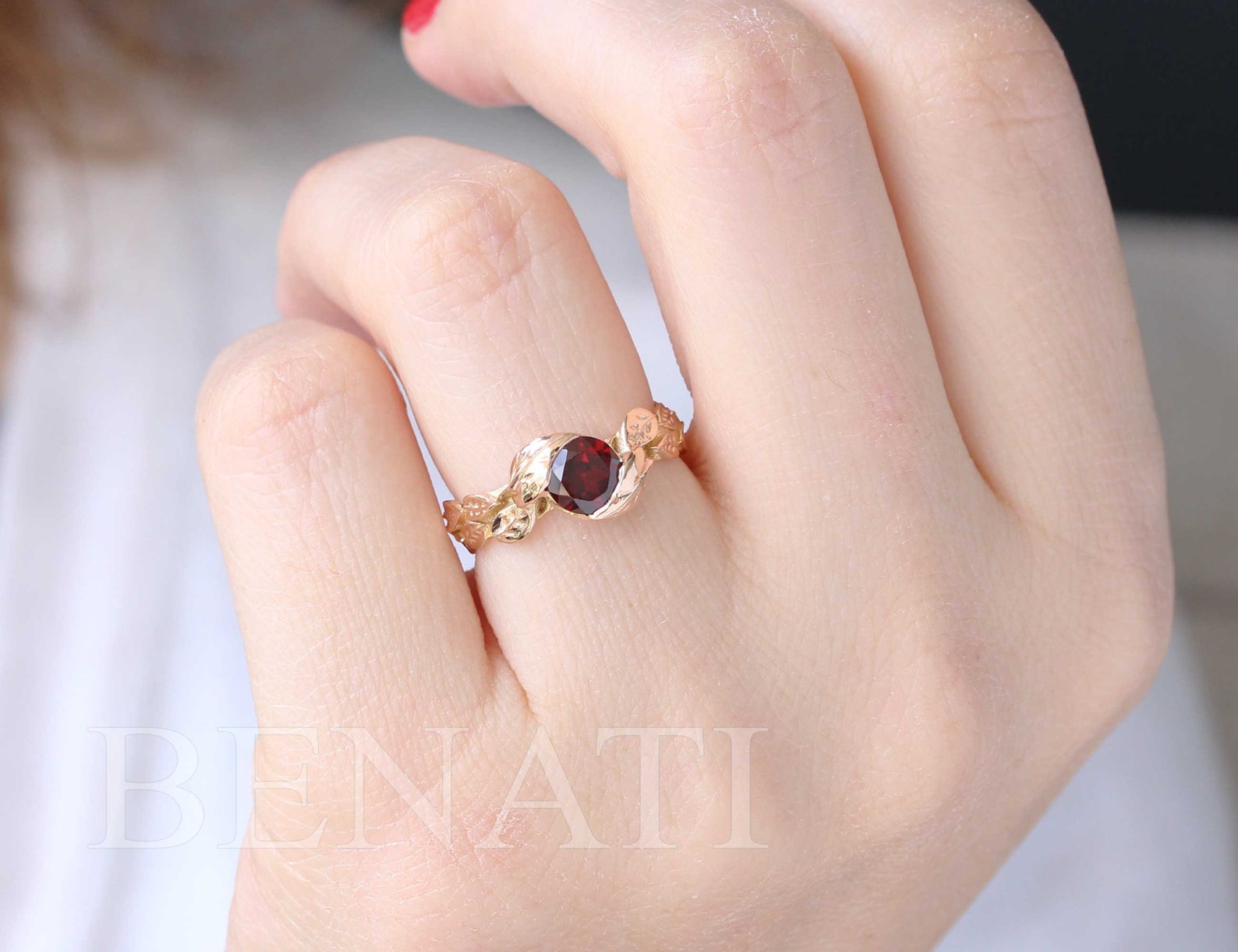 Rose Gold Garnet Leaf Engagement Ring Garnet Leaves - Etsy