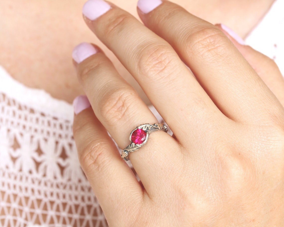 Silver Ruby Leaf Ring Promise Nature Inspired Gemstone Ring | Etsy