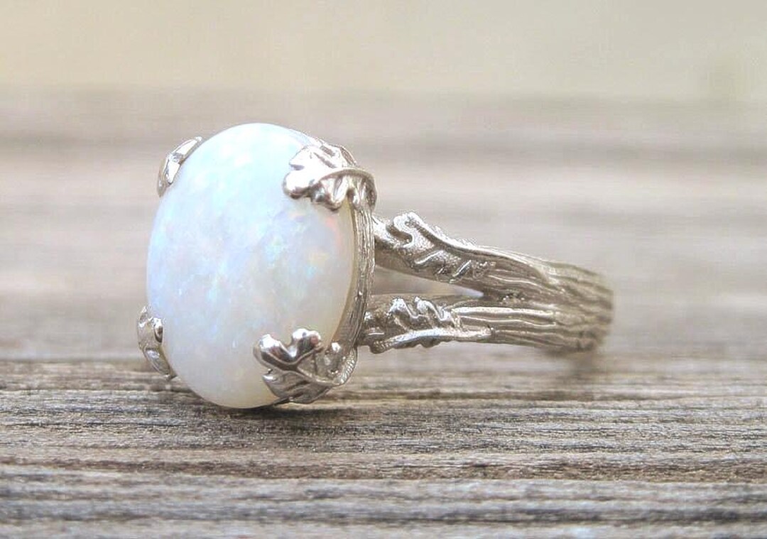 18k Gold Opal Leaf Engagement Ring: Natural Bark Twig Band - Etsy