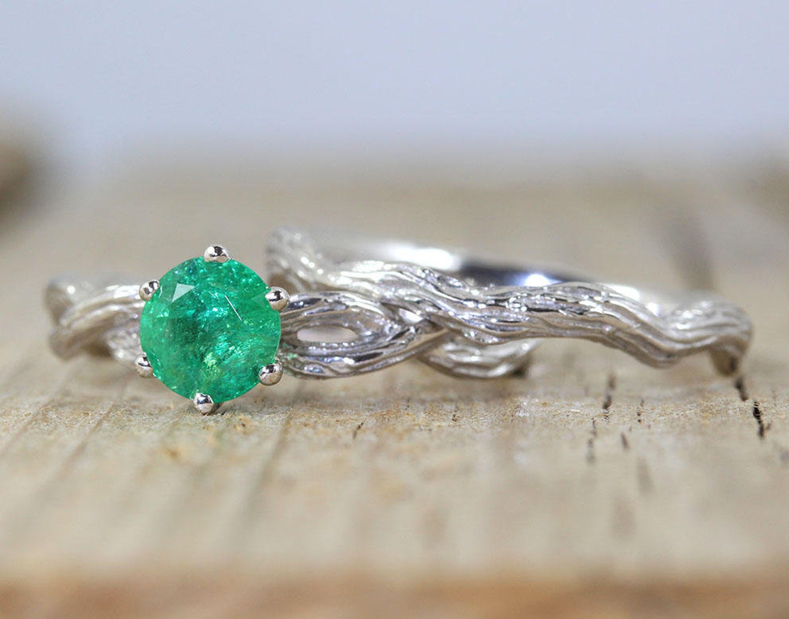 Wedding Ring Set, Natural Emerald Bridal Set, Engagement Ring, Branch ...