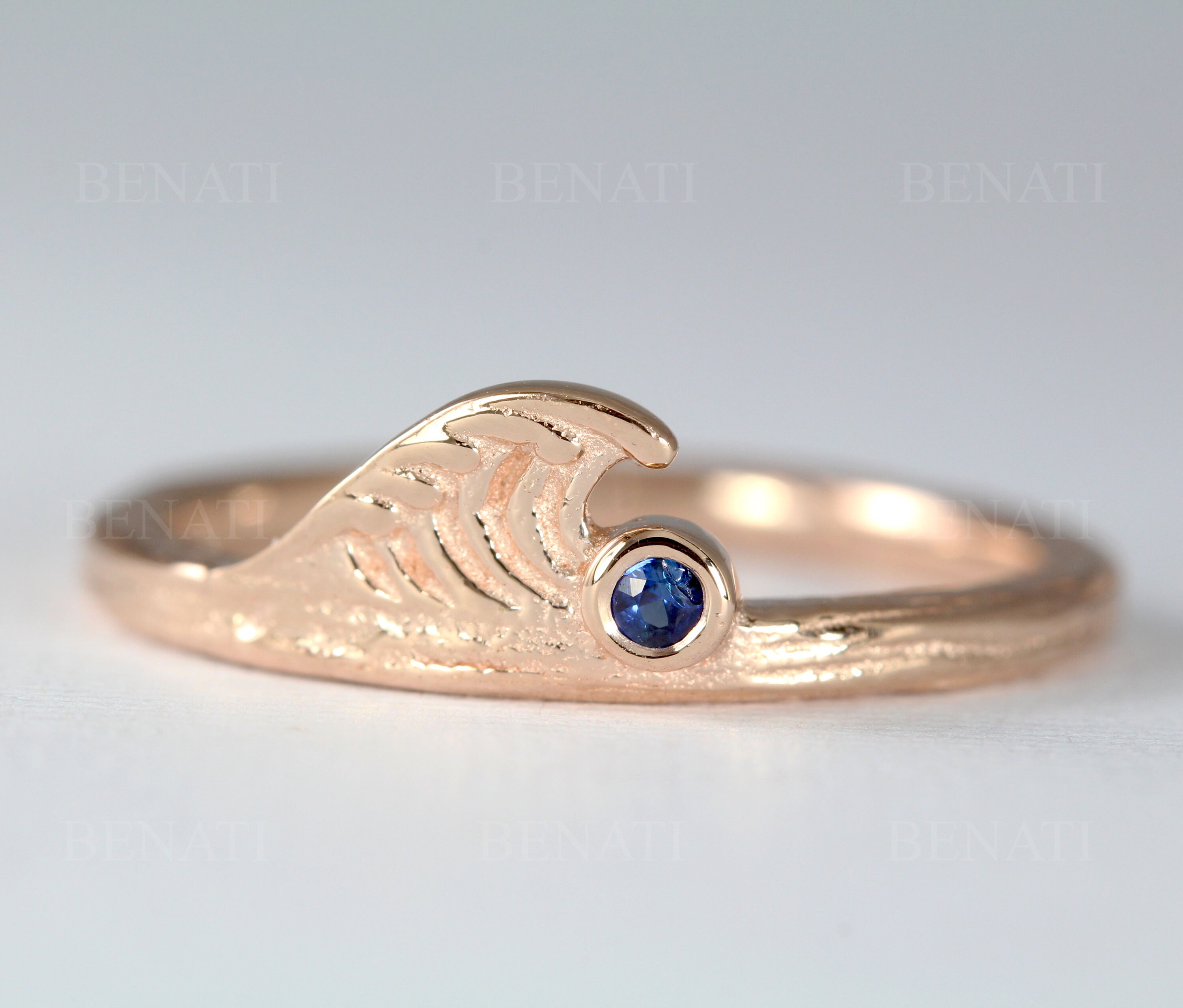 14k Gold Wave Ring With Sapphire: Ocean Beach Jewelry - Etsy