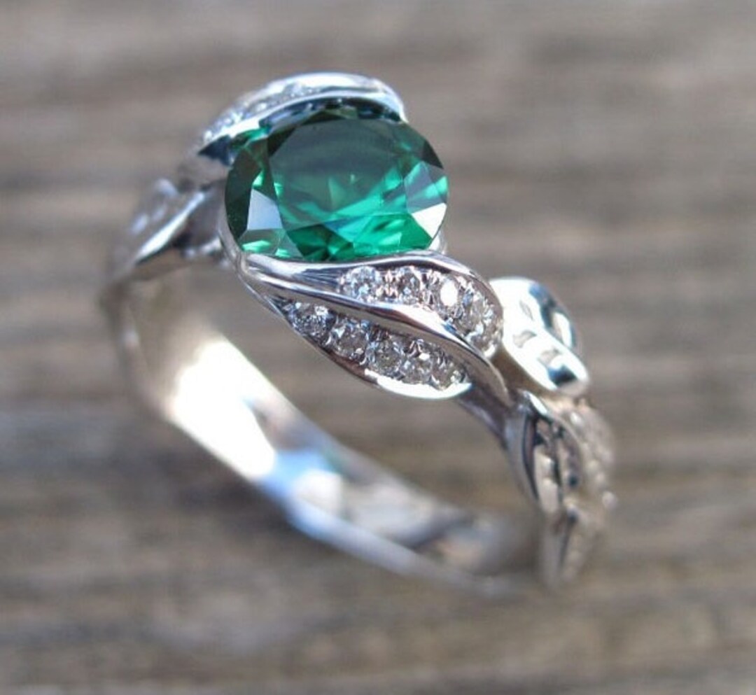18k Gold Leaf Ring, Emerald Leaf Engagement Ring, Emerald Engagement ...