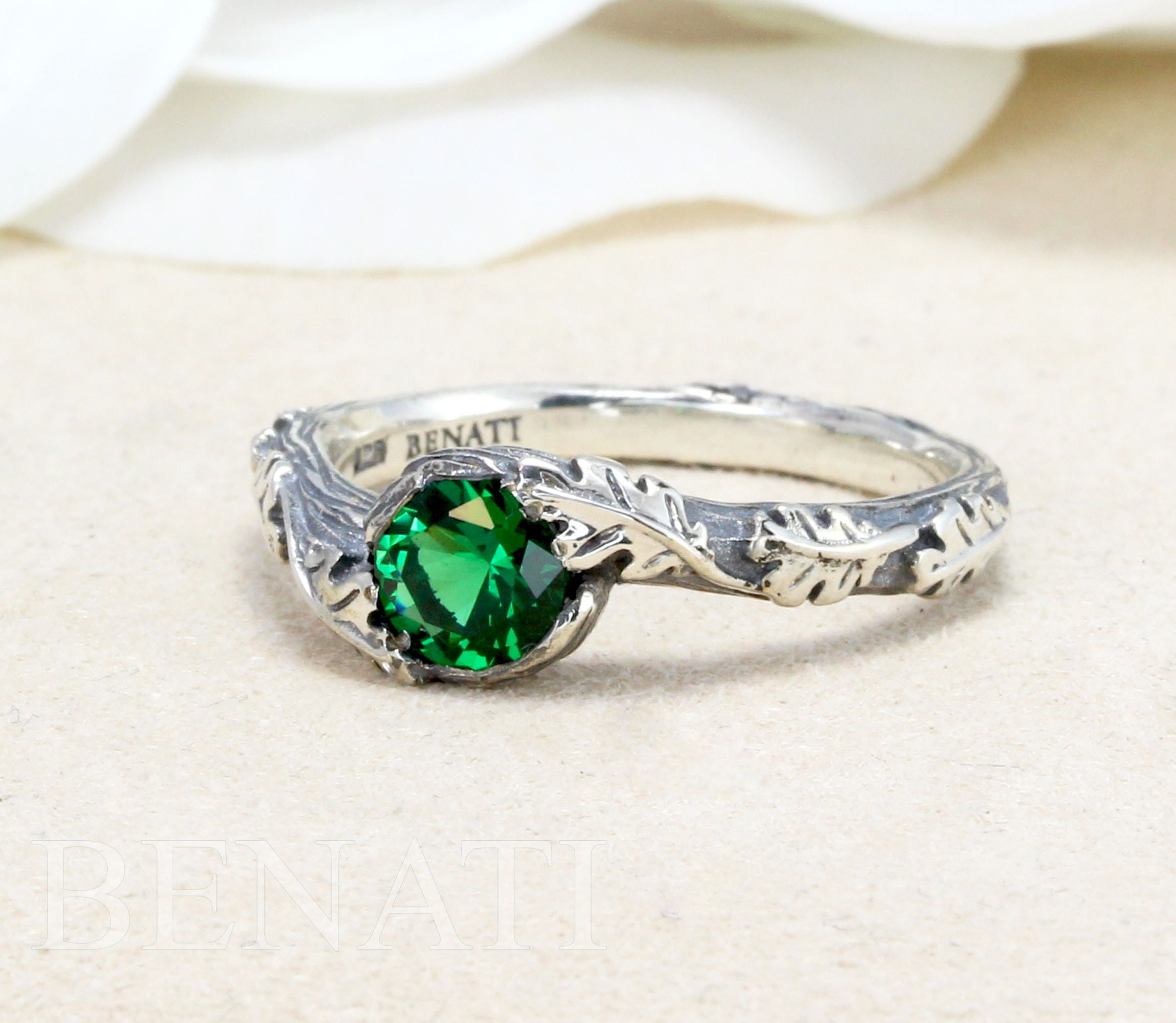 Emerald Leaf Engagement Ring Set Silver Emerald Leaf Rings - Etsy
