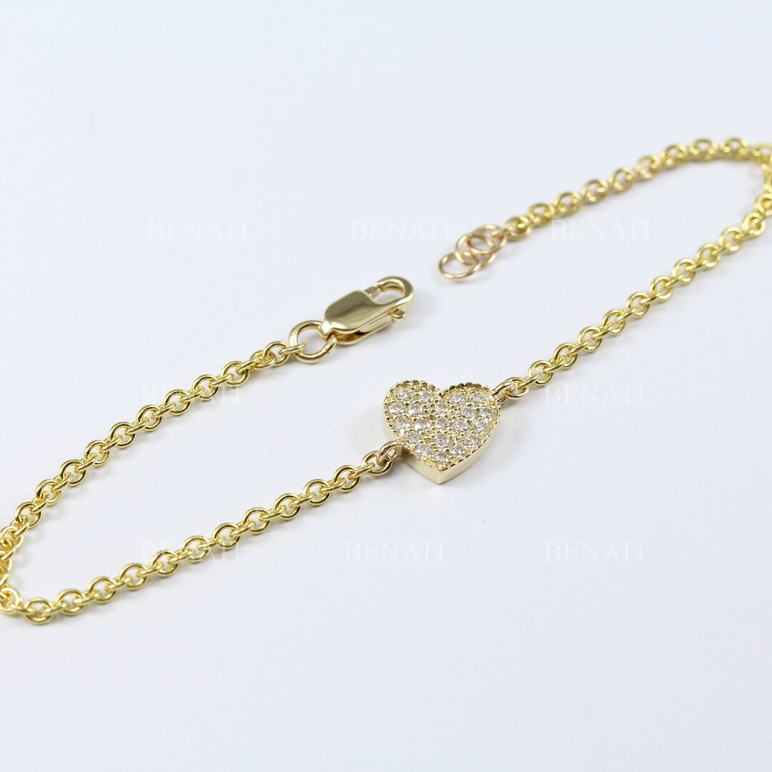 Diamond Heart Gold Bracelet, Gold Hart Delicate Bracelet, Gift for Her ...