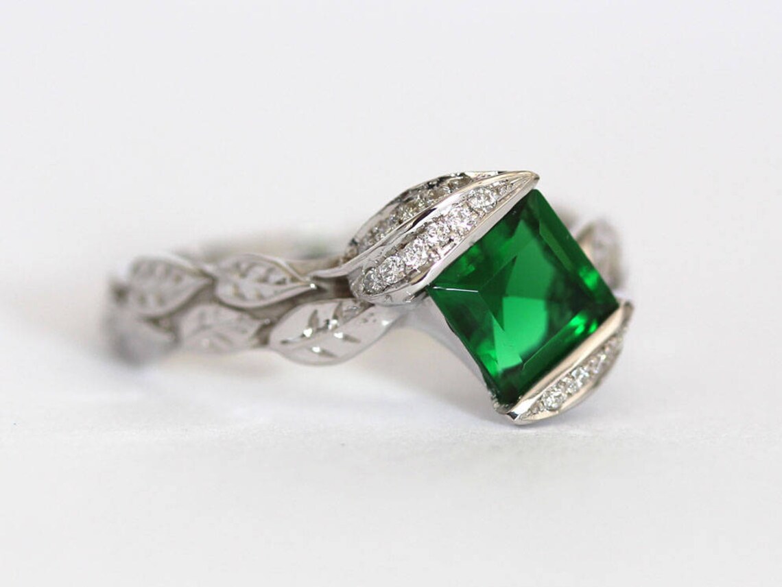 Emerald 18k Leaves Engagement Ring Princess Cut Emerald Leaf - Etsy