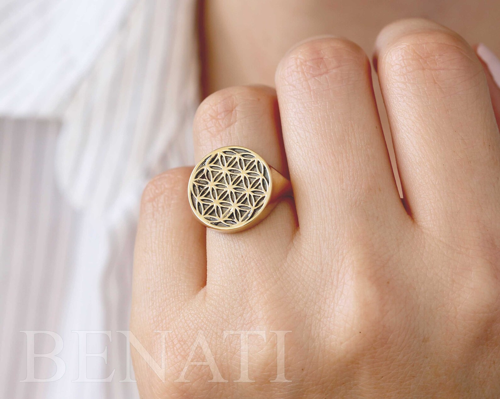 14K Solid Gold Flower Seed of Life Statement Ring Gold and Black Signet ...