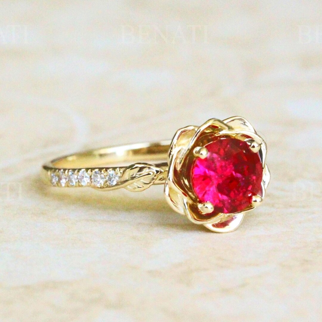 Ruby Rose Engagement Ring – 1ct Lab Ruby Flower Ring in 14K Gold ...