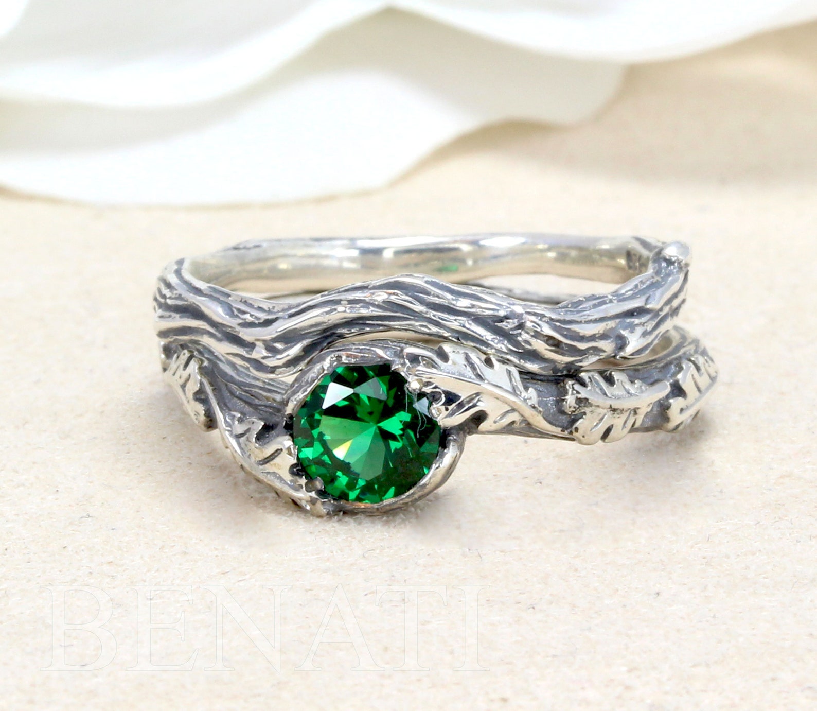 Emerald Leaf Engagement Ring Set Silver Emerald Leaf Rings - Etsy