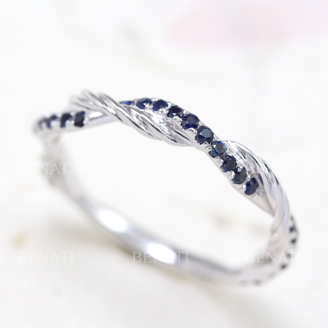 Sapphire Infinity Knot Wedding Band: 14k White Gold Twisted Rope Ring ...