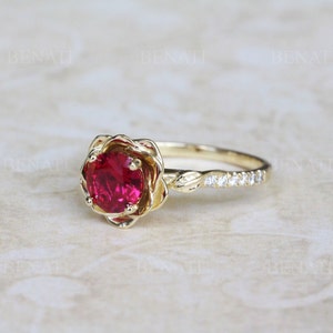 Flower Engagement Ring, Ruby Rose Ring 1 Carat Solitaire Floral ...