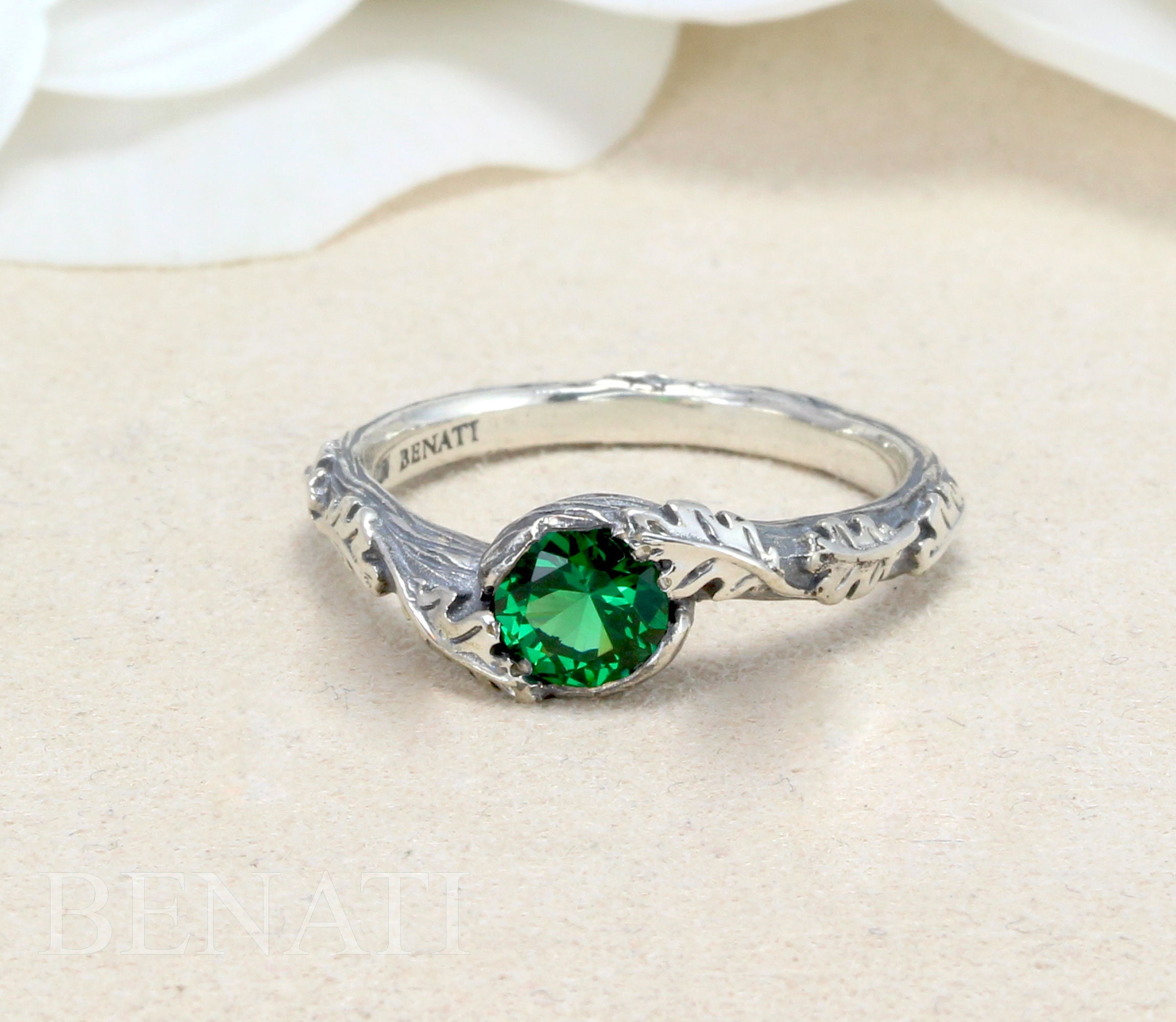 Emerald Leaf Engagement Ring Set Silver Emerald Leaf Rings - Etsy