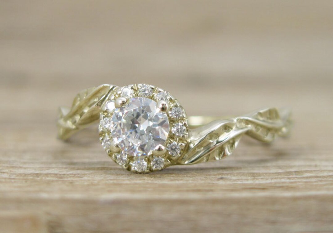 Diamond Halo Leaves Engagement Ring, Gold Halo Engagement Ring, Diamond ...