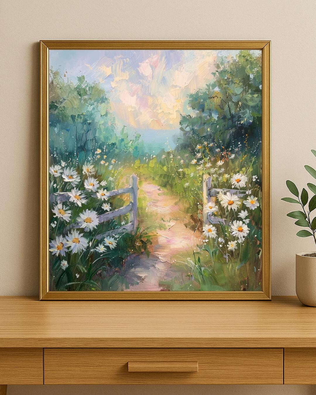 Daisy Path Impasto Oil Painting, Sunlit-buttercream Pastel Wall Art ...