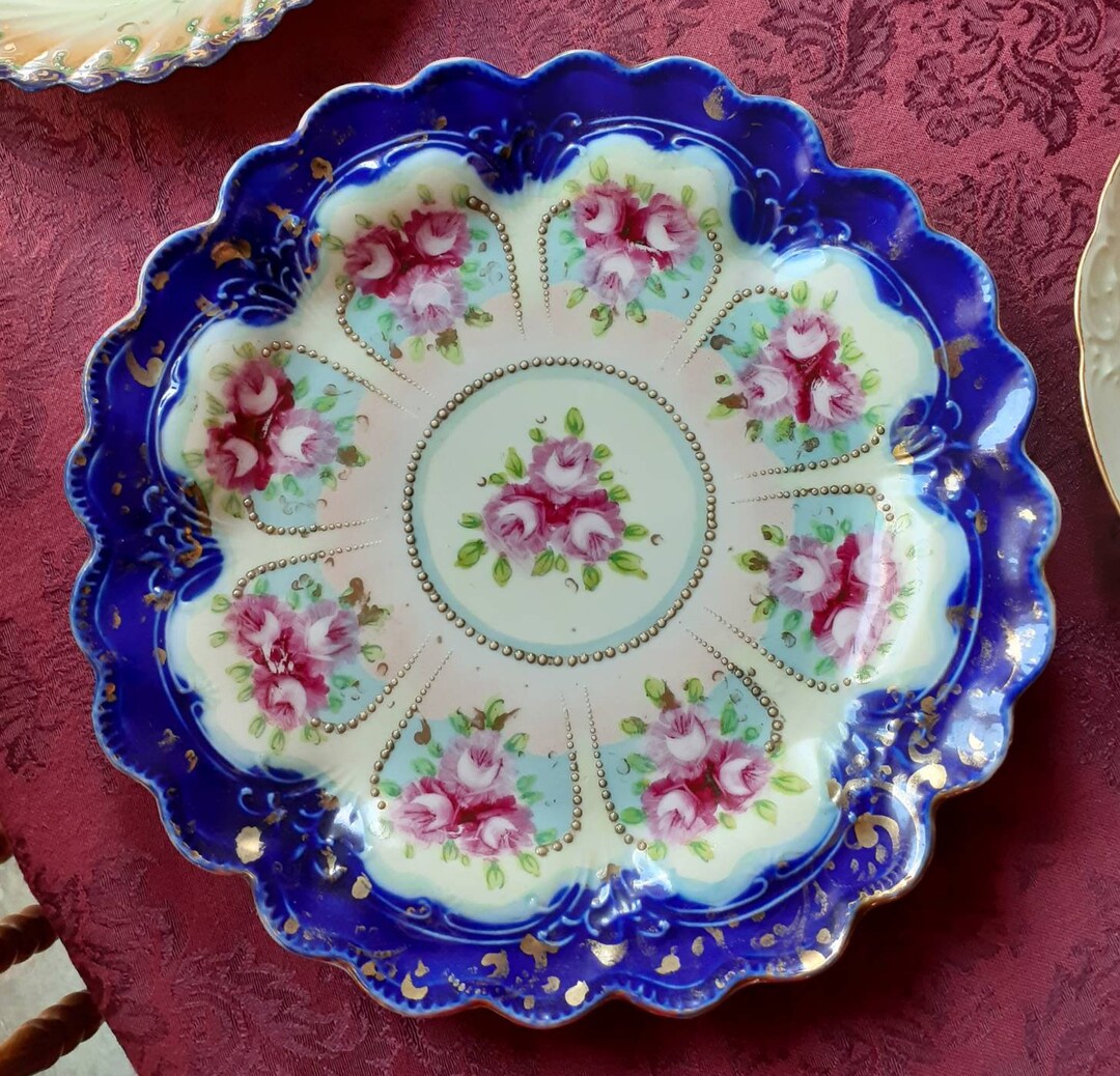 Gorgeous Roses & Cobalt Japan Wheelock Hand Painted Scallop Plate ...