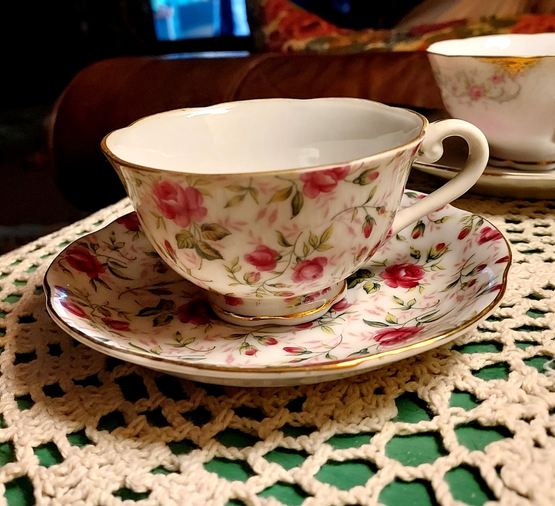 Lefton China Tea Cup and Saucer Vintage Chintz Rose 656R Hand Painted ...