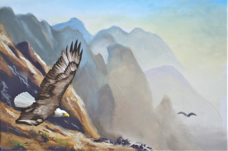 BALD EAGLE Flying, Mountains. Oils on 24" X 36" (61 X 91 Cm) Canvas ...