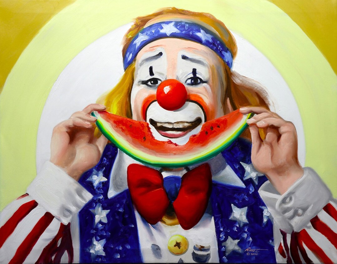 CHUCKO, Chuck Sidlow, Clown, "watermelon" (14377), Oils on 28" X 36 ...