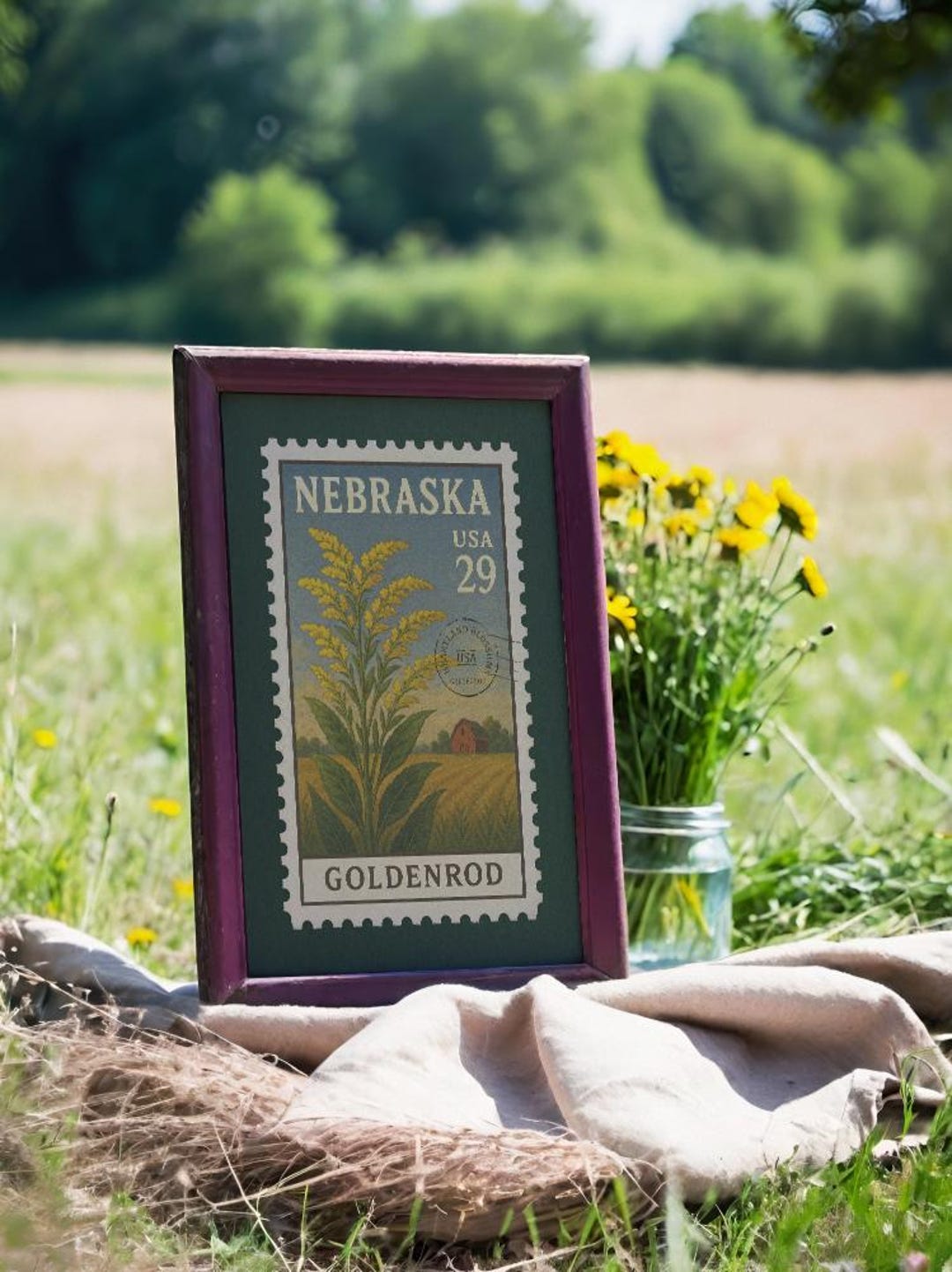 Nebraska State Flower Printable – Goldenrod & Barn Art | Vintage Stamp ...