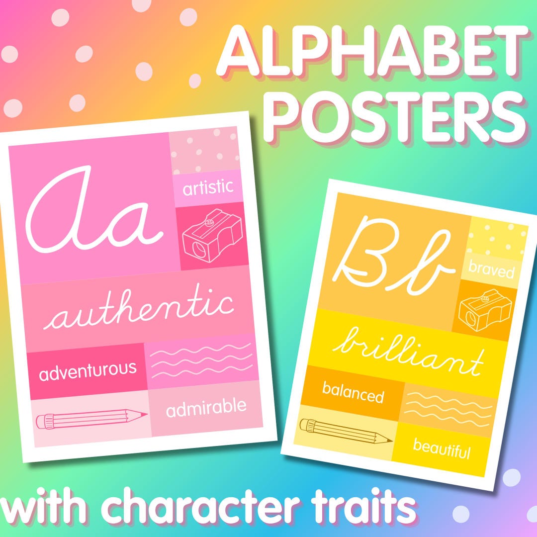 Cursive Alphabet Posters With Character Traits - Bright Pastel - 4 ...