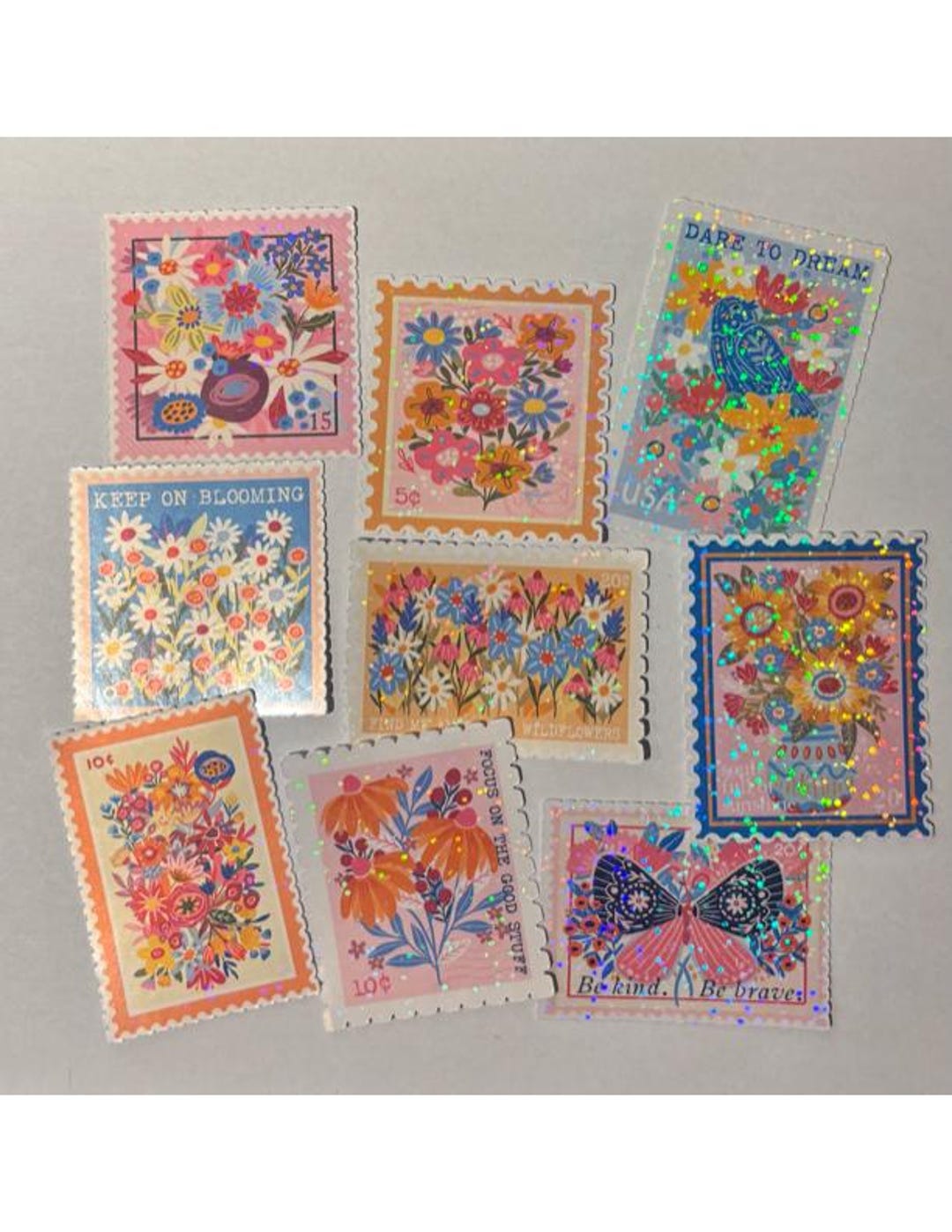Shimmer Floral Stamp Stickers – Waterproof Laminated Inspirational ...