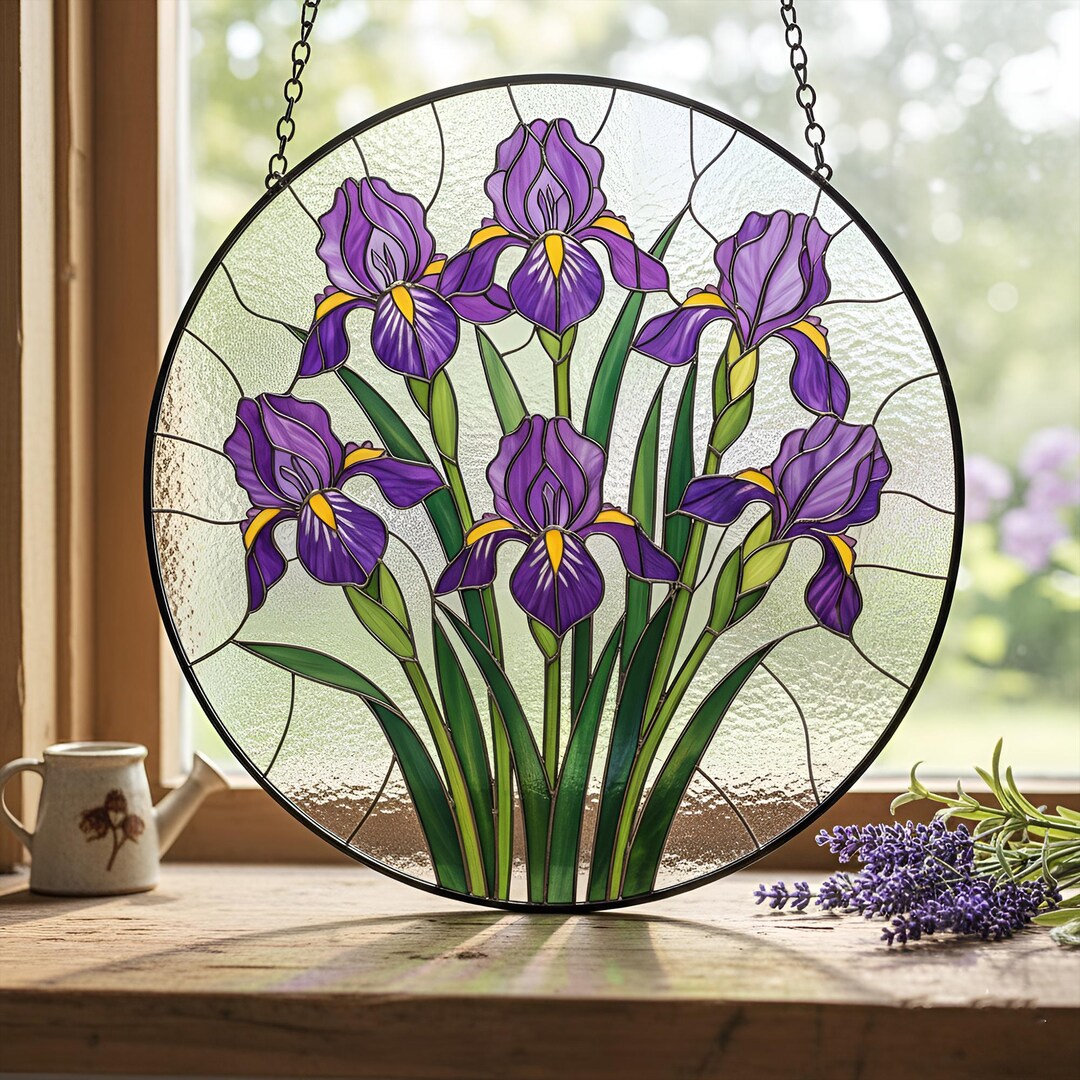 Purple Iris Stained Glass Suncatcher, Floral Window Hanging, Iris ...