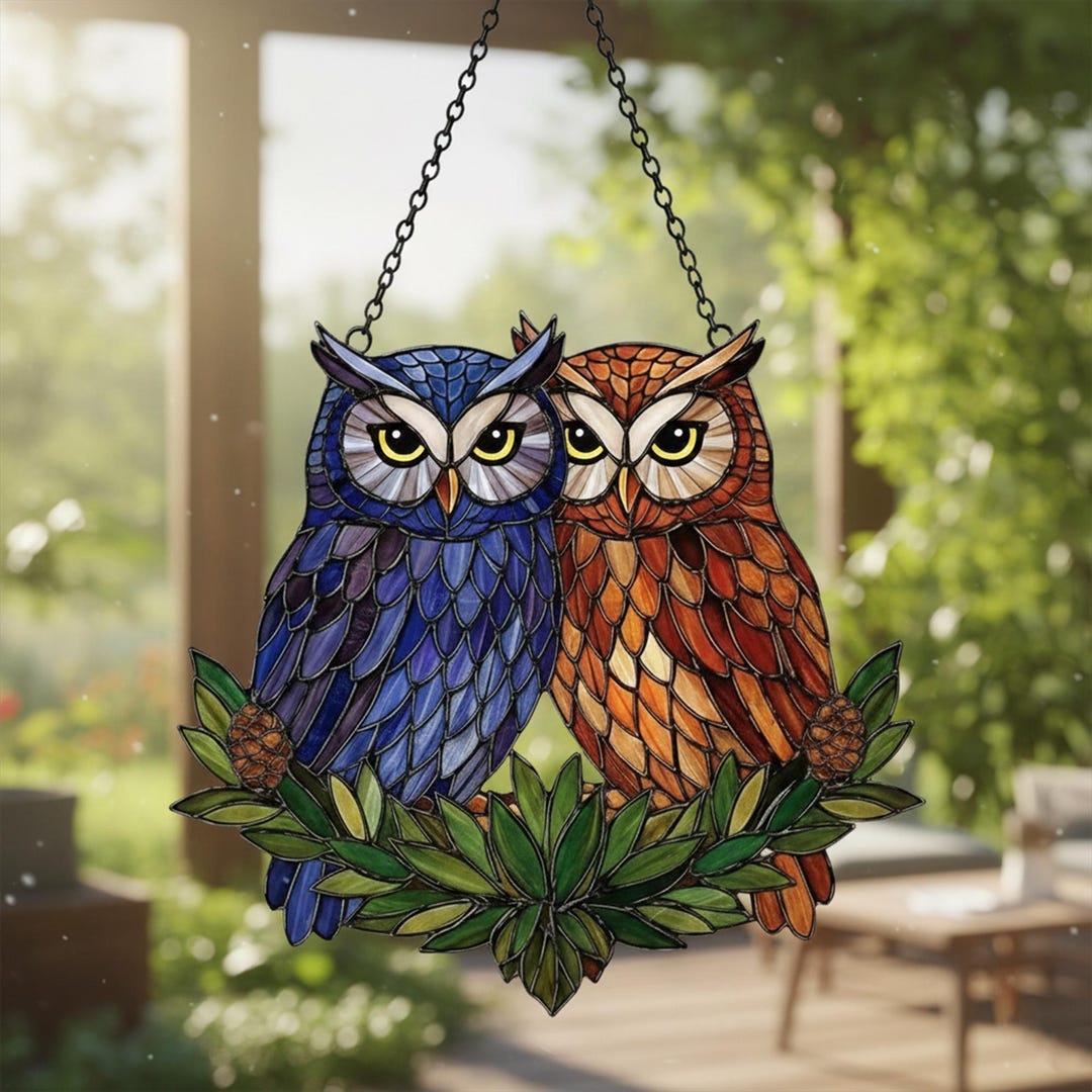 Owl Couple Suncatcher, Twin Owls Stained Glass Style Window Hanging ...