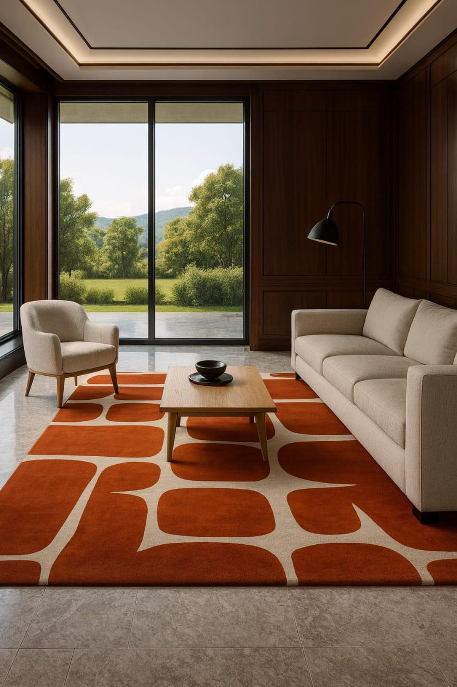 Burnt Orange Geometric Block Rug, Modern Cream and Terracotta Wool Area ...