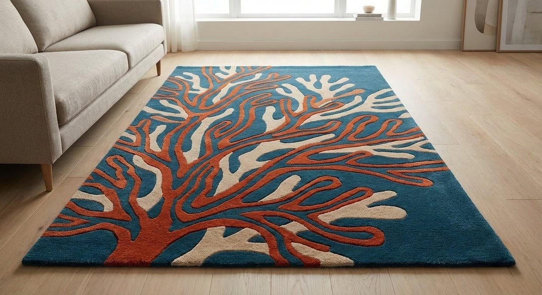 Coral Reef Area Rug, Ocean Inspired Hand Tufted Wool Carpet, Blue ...
