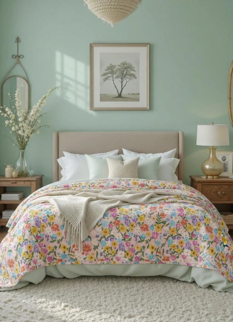 Whimsical Meadow Pink Floral Velveteen Plush Blanket Cottagecore Spring ...