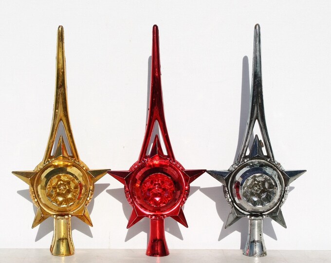 Vintage Christmas Tree Topper Star Bradford Red Gold Light Blue Plastic ...