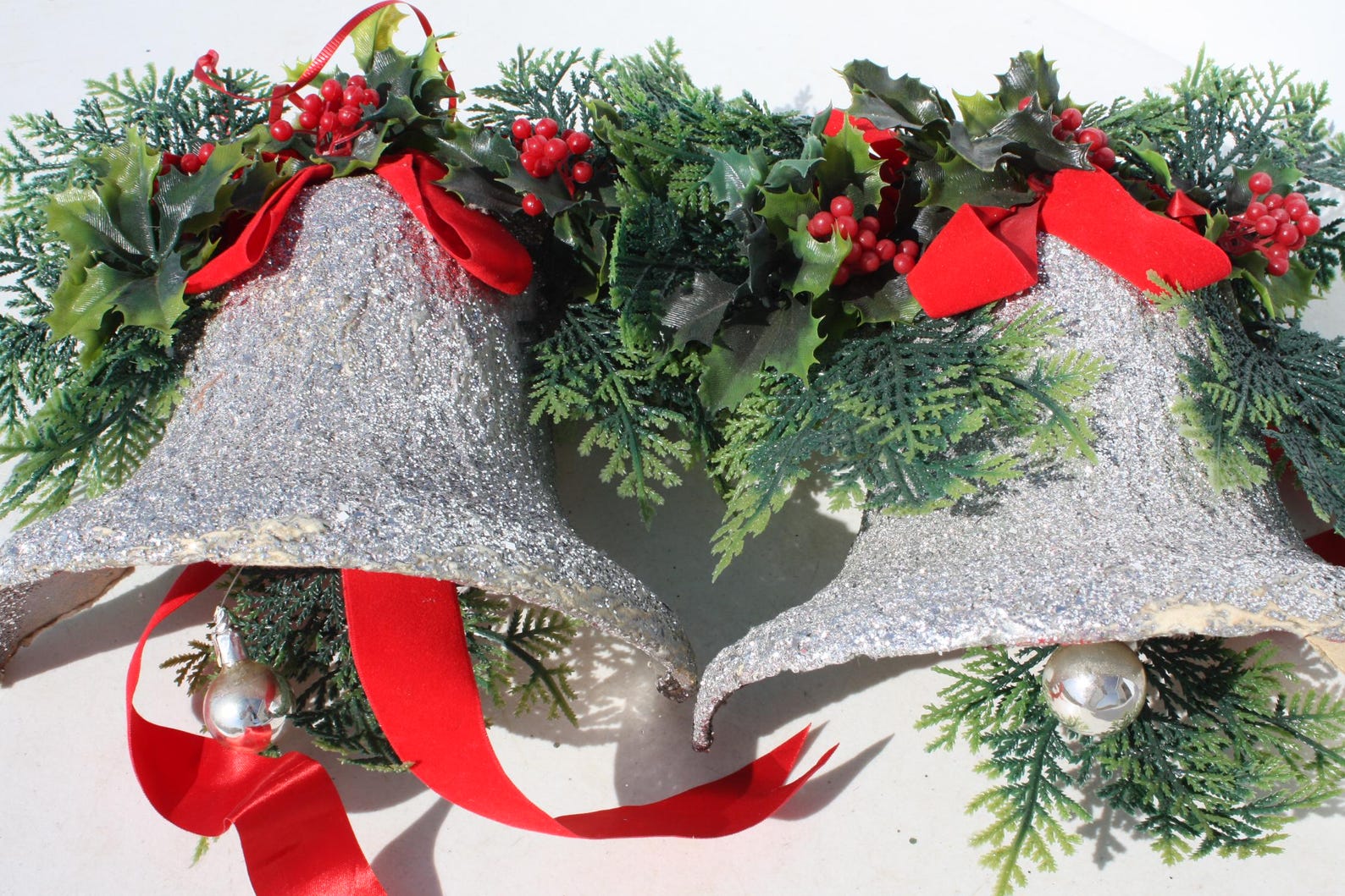Vintage Christmas Bells Door Wall Decor Silver Glitter Paper Mache ...