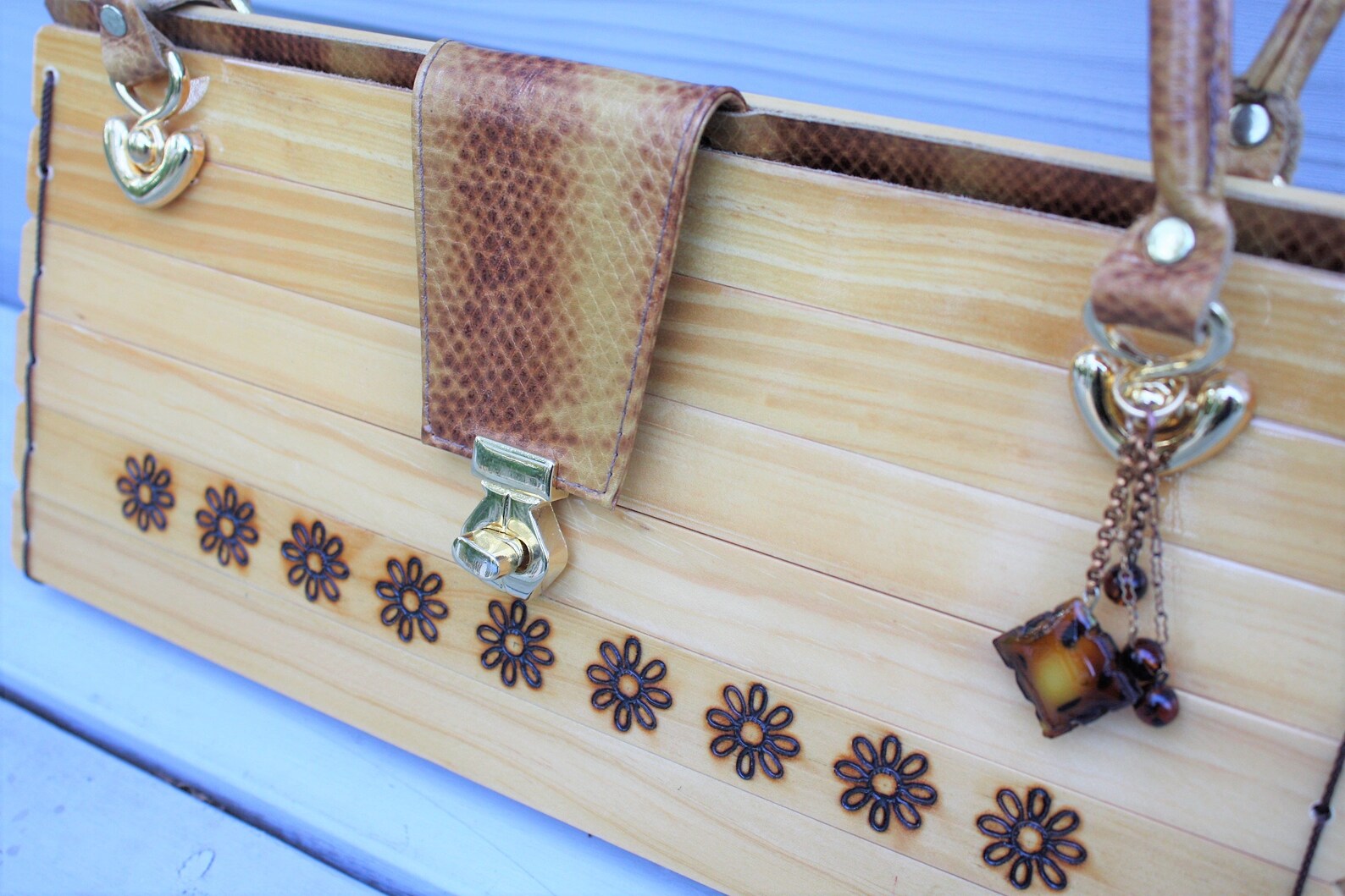 Handcrafted Wood and Leather Purse - Natural Wood and Golden Snake ...