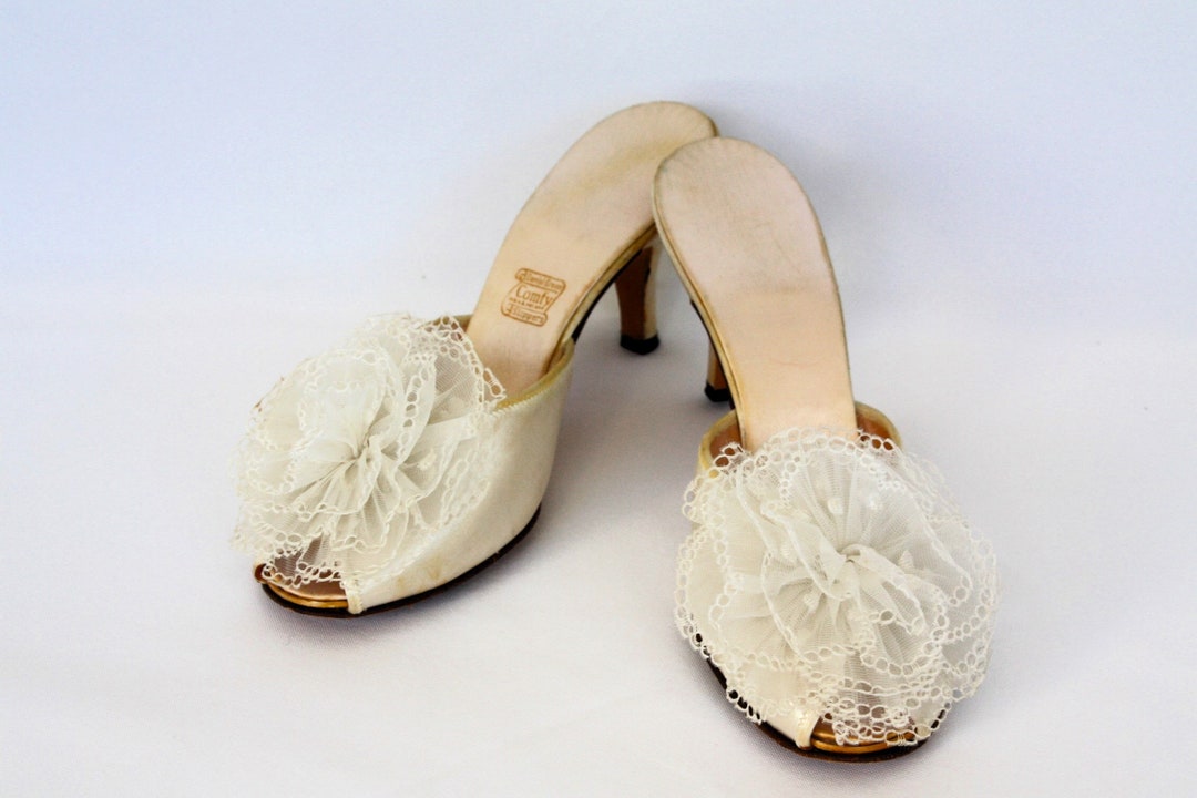 Vintage off White Ivory Satin Mules Lace Poof Boudoir Peep Toe Daniel ...